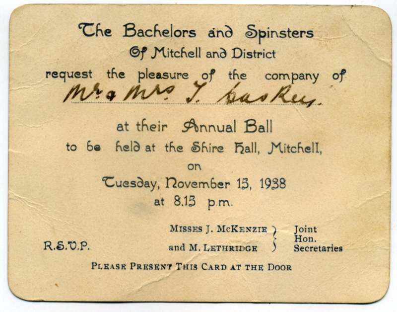 BP.882 Invitation to a Bachelors & Spinsters Ball at Mitchell; 1938; BP ...