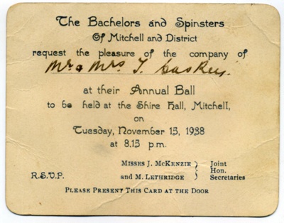 BP.882 Invitation to a Bachelors & Spinsters Ball at Mitchell; 1938; BP ...
