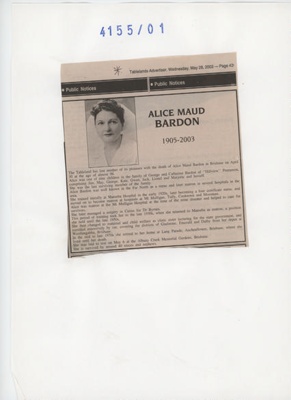 Obituary - Bardon, Alice Maud (1905 - 30 April 2003); 2003; FF4155 | eHive
