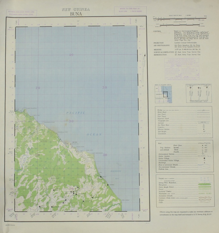 Colour topographic map of the Buna region in New Guinea, produced for ...