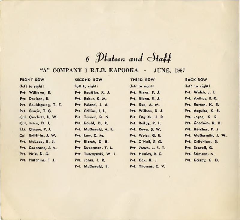 The 6 Platoon and Staff Names List and Photograph; Unknown; June, 1967 ...