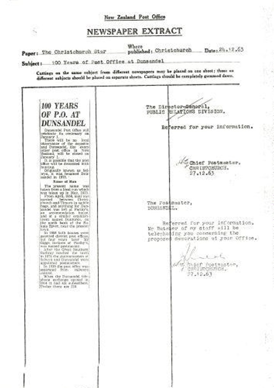 Photocopy, Newspaper Article, 100 Years of P.O at Dunsandel, 1963; 2006 ...