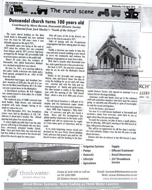 Article - Dunsandel Church turns 100, 2012; 2006-34-54 - Box12 | eHive