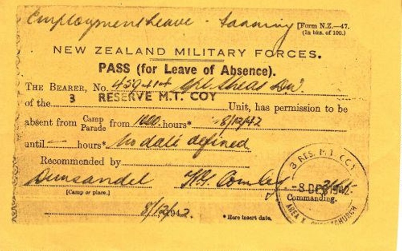 Document Photocopy, NZ Military Forces Leave Pass, 1942; 2006-18-06 ...