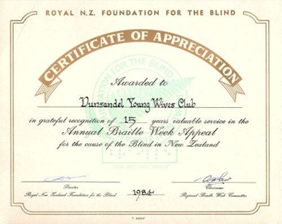 Certificate, Royal NZ Foundation for the Blind Awarded to Dunsandel ...