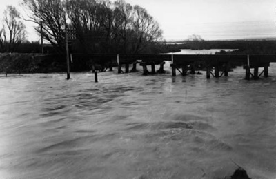 D11 1951 flood Southern approach on Selwyn river railway bridge ex ...