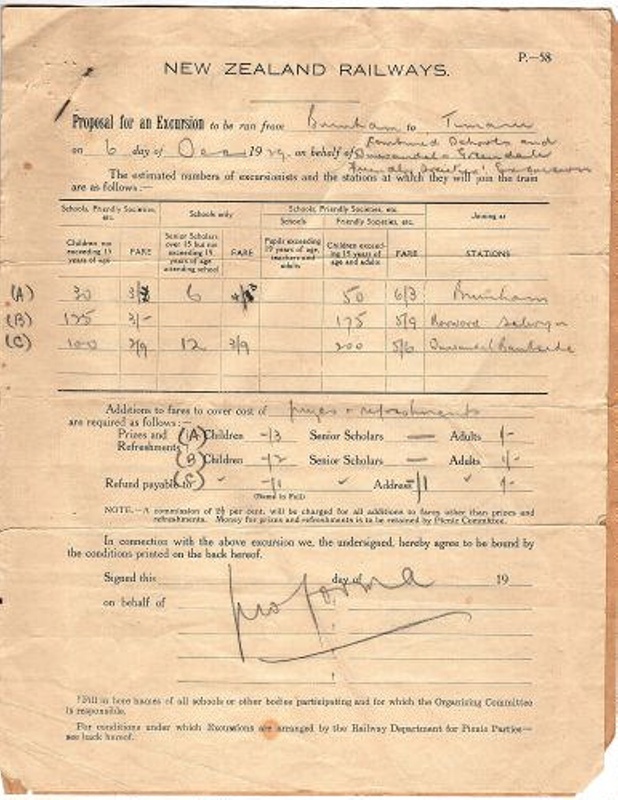 Form, New Zealand Railways, Proposal for Excursion from Burnham to ...