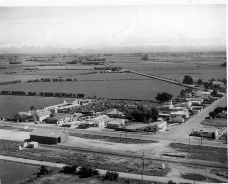 Main South road looking west over Dunsandel. Aerial photo taken between ...