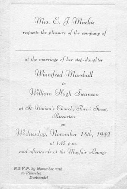 1942 November 18th, Wedding invitation Winnifred Marshall & William ...