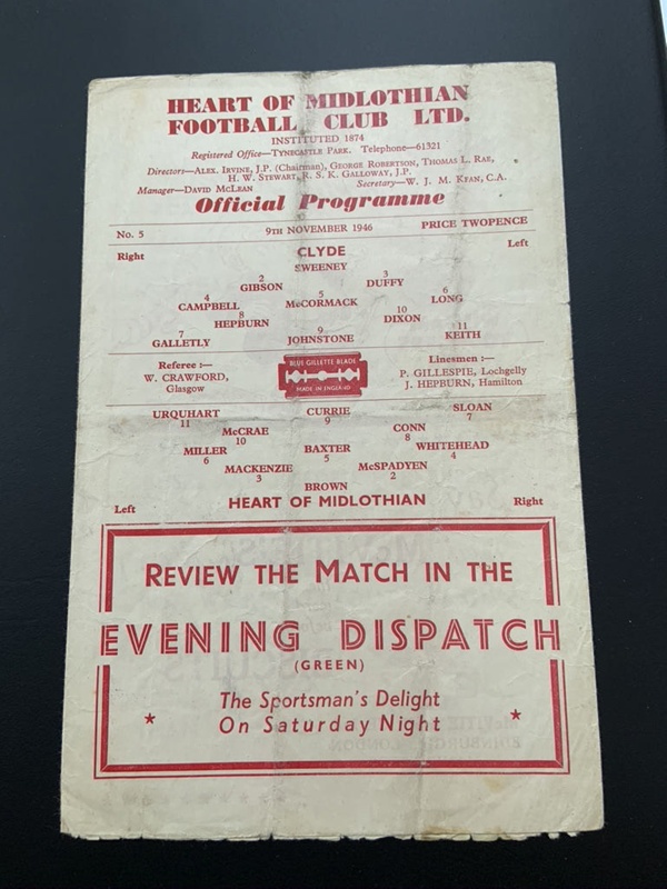 Programme: Hearts v Clyde 1946/7 Scottish League First Division; Heart ...