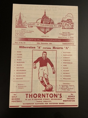 Programme: Hearts Reserves v Hibernian Reserves 1951/52 Scottish League ...