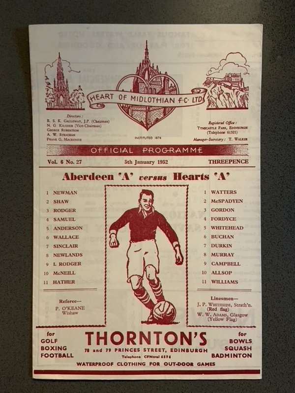 Programme: Hearts Reserves v Aberdeen Reserves 1951/52 Scottish League ...