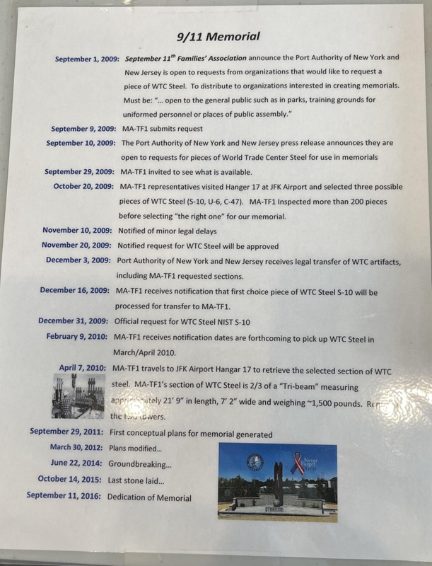 Timeline of Massachusetts Task Force 1 9/11 Memorial; 2016; M0057 | eHive