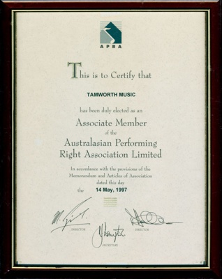 Arthur Blanch - Framed APRA certificate; 1996; ACMF.2024.133 | eHive