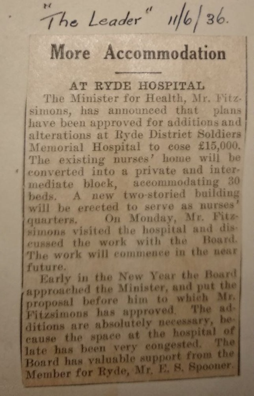 Newspaper clipping - The Leader - More accomodation at Ryde Hospital ...