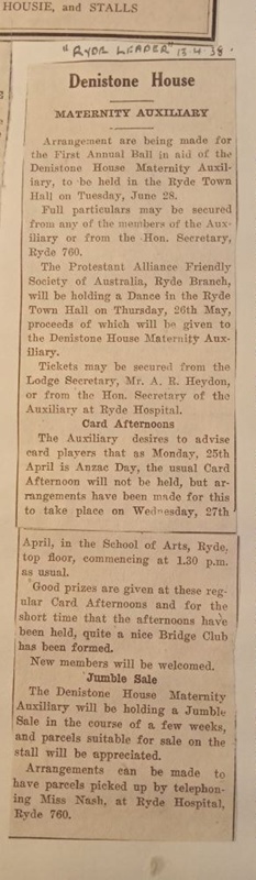Newspaper Clipping - Ryde Leader, Denistone House : Maternity Auxiliary ...