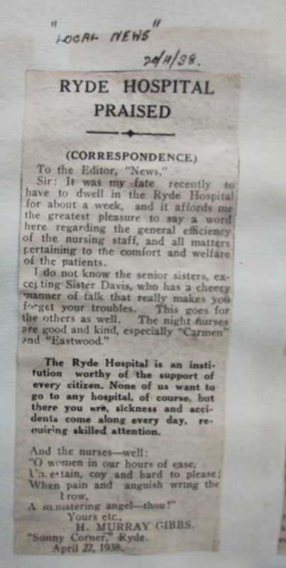 Newspaper clipping - Local News - Ryde Hospital Praised - 20/04/1938; Local News... | eHive