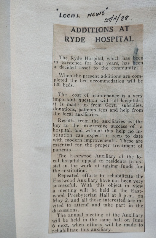 Newspaper clipping - Local News - Additions at Ryde Hospital - 27/04/1938; Local... | eHive