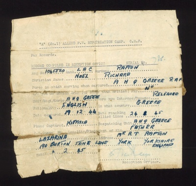 Repatriation form - "A" (no:1) Allied P.W. repatriation camp - L.A.C. N ...
