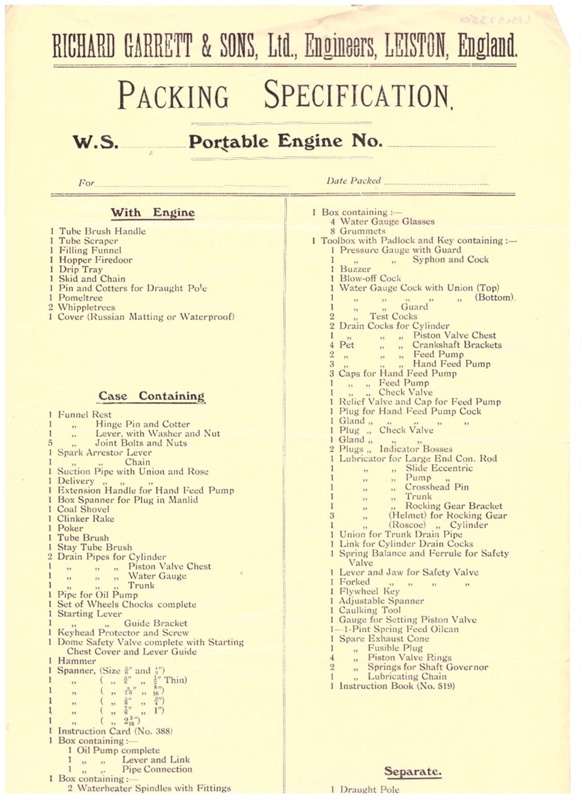 Packing Lists for Garrett Portable Engines; Richard Garrett Engineering ...