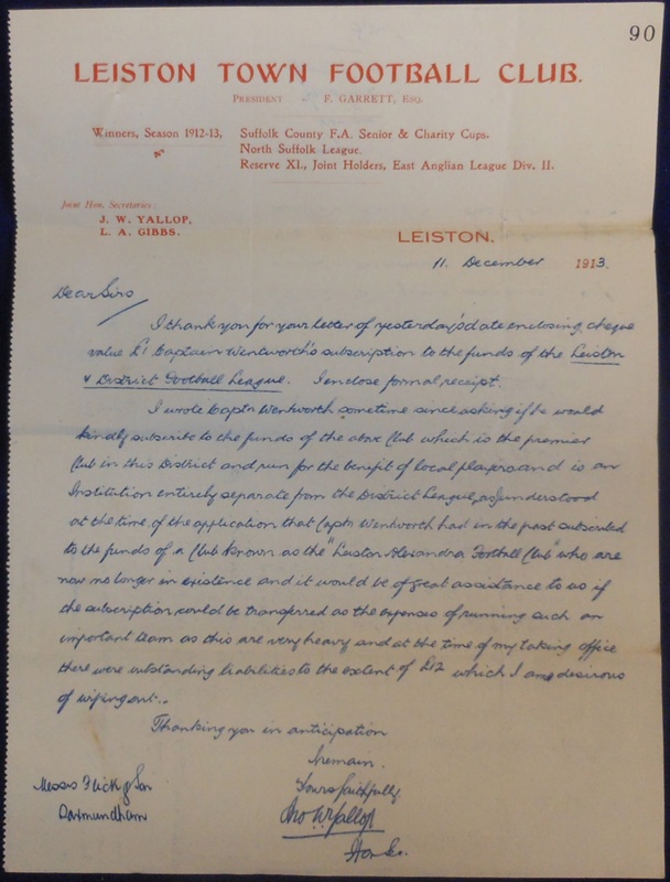 Letter and receipt Leiston Town Football Club; 1913; LESLS800.6 | eHive