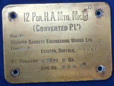 Gun Mounting brass plate; Richard Garrett Engineering Works; 1951 ...