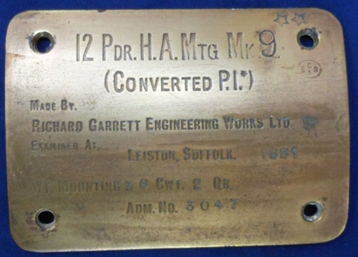 Gun Mounting brass plate; Richard Garrett Engineering Works; 1951 ...