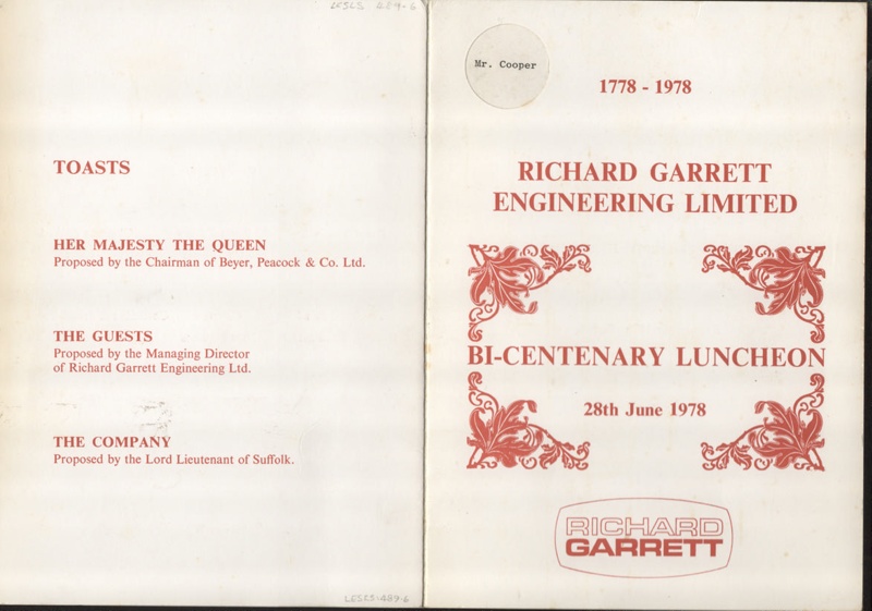 Menu Card Garrett Lunch; issuer - Garrett, Richard Engineering Limited ...