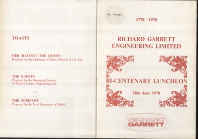 Menu Card Garrett Lunch; issuer - Garrett, Richard Engineering Limited ...