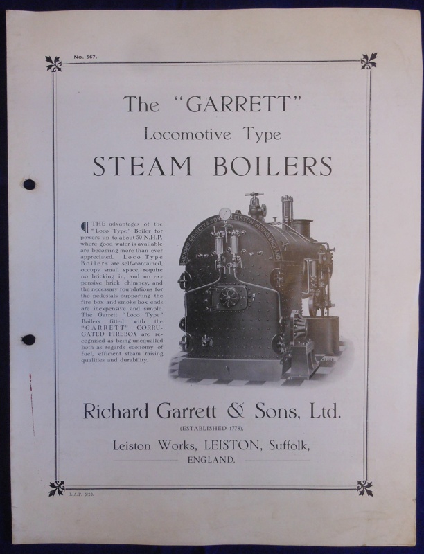 Brochure No. 567 Garrett Locomotive Type Steam Boilers; Leiston Abbey ...
