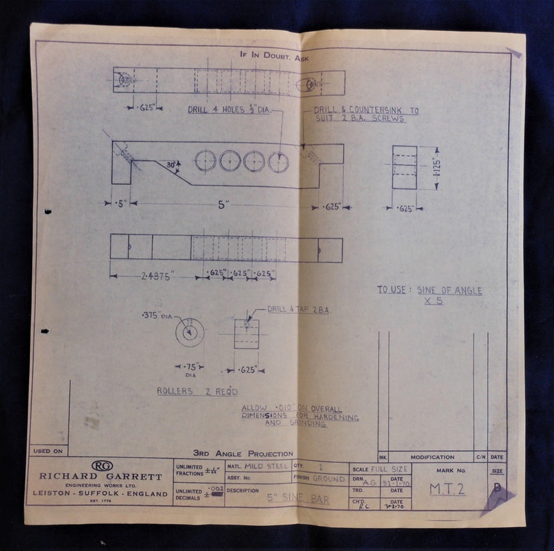 Technical Drawing for 5" Sine Bar; Richard Garrett Engineering Works ...