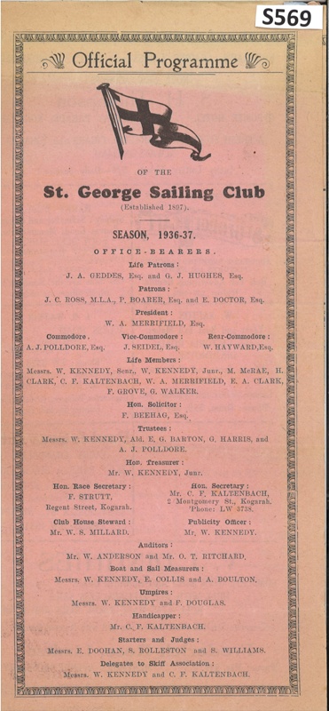 St George Sailing Club Sailing Programme 1936 - 37 Season; S569 | eHive