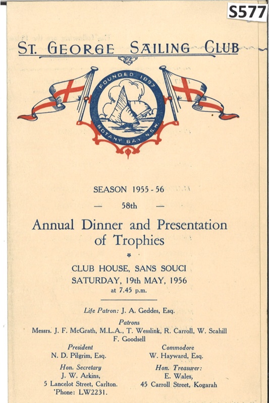 St George Sailing Club Annual Dinner and Presentation of Trophies 1956 ...
