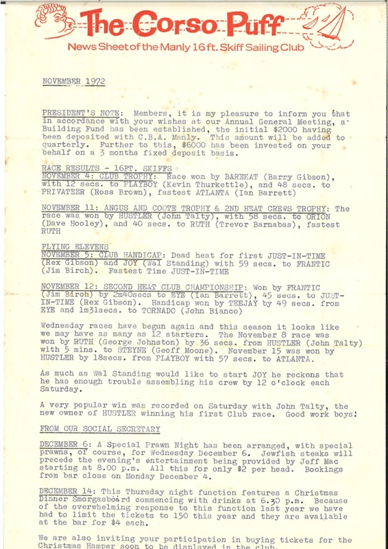 The Corso Puff News Sheet of Manly 16ft Sailing Club November 1972 ...