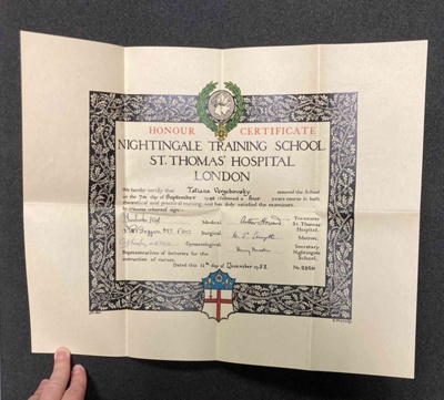 Honour Certificate from the Nightingale Training School, St Thomas ...