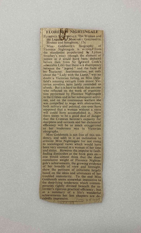 Newspaper cutting of review of "Florence Nightingale: The Woman and the ...