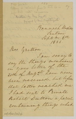 Letter from Florence Nightingale to Mrs Gretton, Stretton, Warrington ...