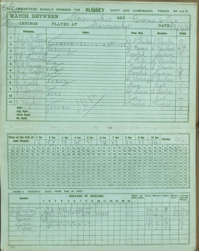 The Cricket Scoring Book of 1925, (10); Stowmarket 1st eleven Scoring ...
