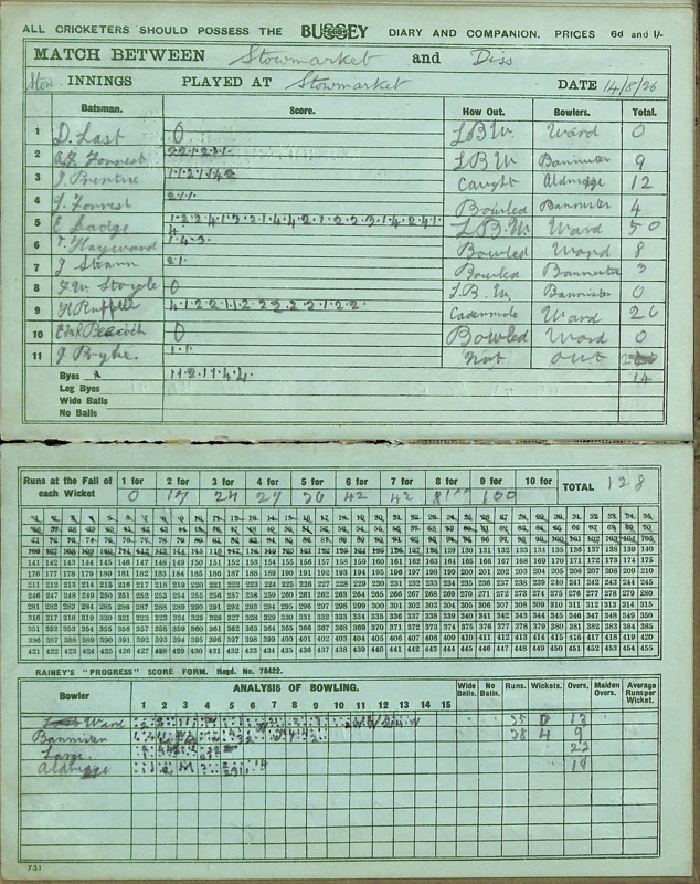 The Cricket Scoring Book of 1926, (40); Stowmarket 1st eleven Scoring ...