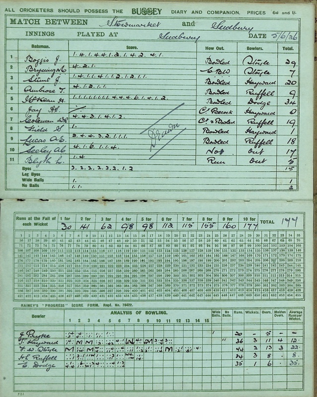 The Cricket Scoring Book of 1926, (15); Stowmarket 1st eleven Scoring ...