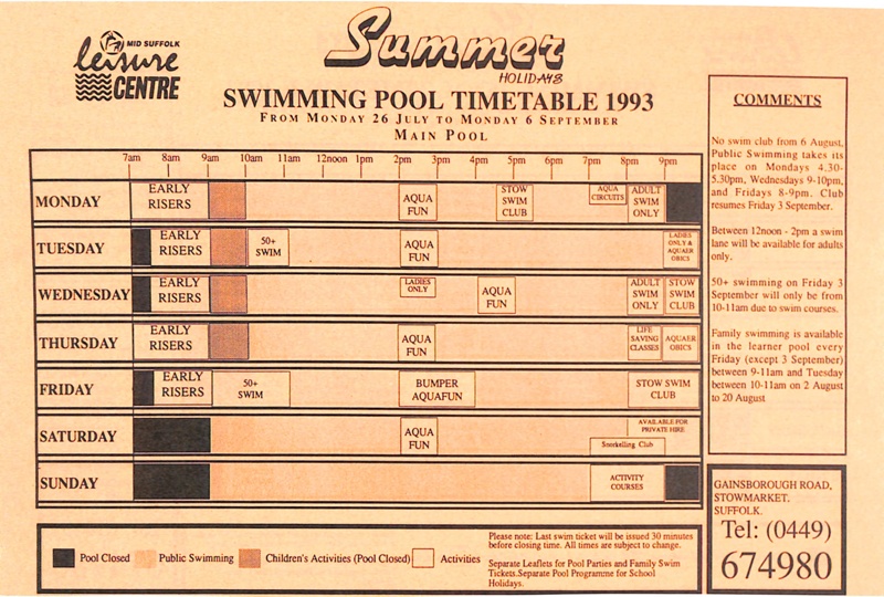 Swimming Pool Timetable, Mid Suffolk Leisure Centre ; 1993; SMKLHG254 ...