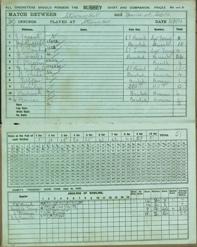 The Cricket Scoring Book of 1926, (42); Stowmarket 1st eleven Scoring ...