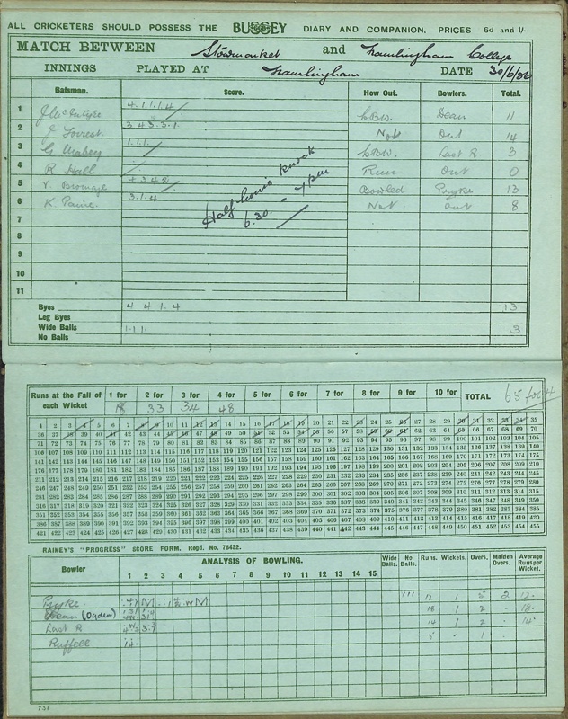 The Cricket Scoring Book of 1926, (26); Stowmarket 1st eleven Scoring ...