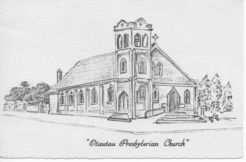 Ōtautau Churches - Presbyterian New Church, Postcard with drawing by ...