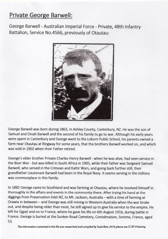 Ōrawia & Ōtautau Districts - George Barwell, WW1 Memorial Entry ; Best ...