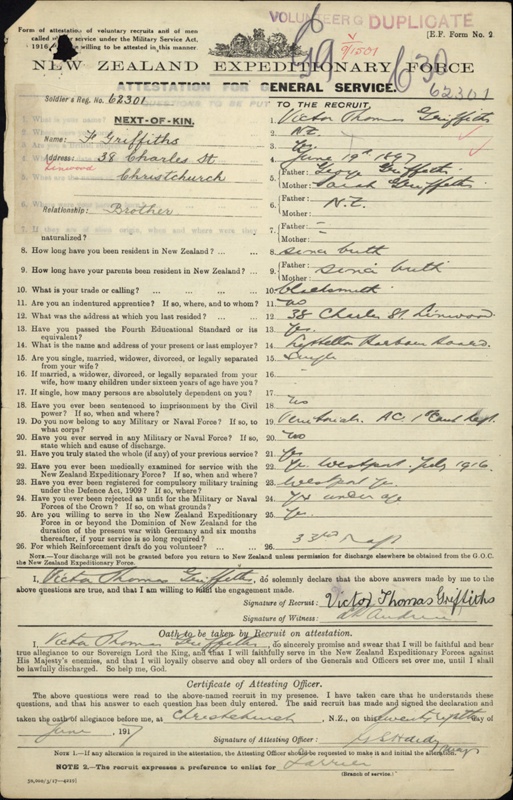 Victor Thomas Griffiths - Attestation paper; KWC-I-2215 | eHive