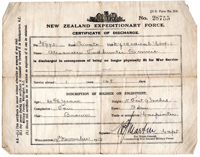 NZEF Discharge Certificate - 3/3973 Alexander Todhunter Rennie; 1919 ...