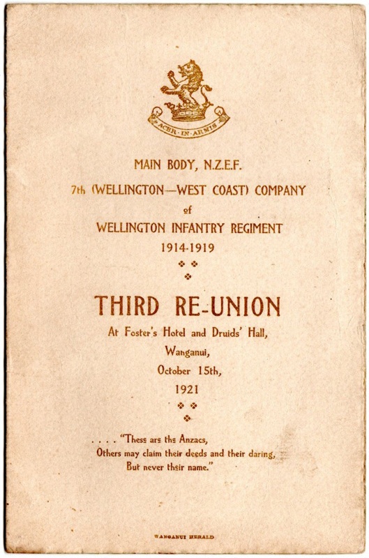 Menu, 3rd Reunion, Main Body of 7th (Wellington West Coast) Company ...