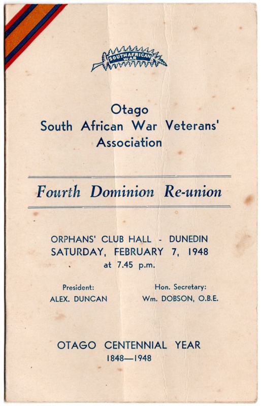 Programme, Fourth Dominion Reunion, Otago South African War Veterans ...