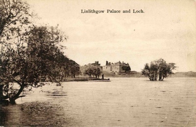 sepia postcard of Linlithgow Palace and Loch; 13LILHT 04_41 | eHive
